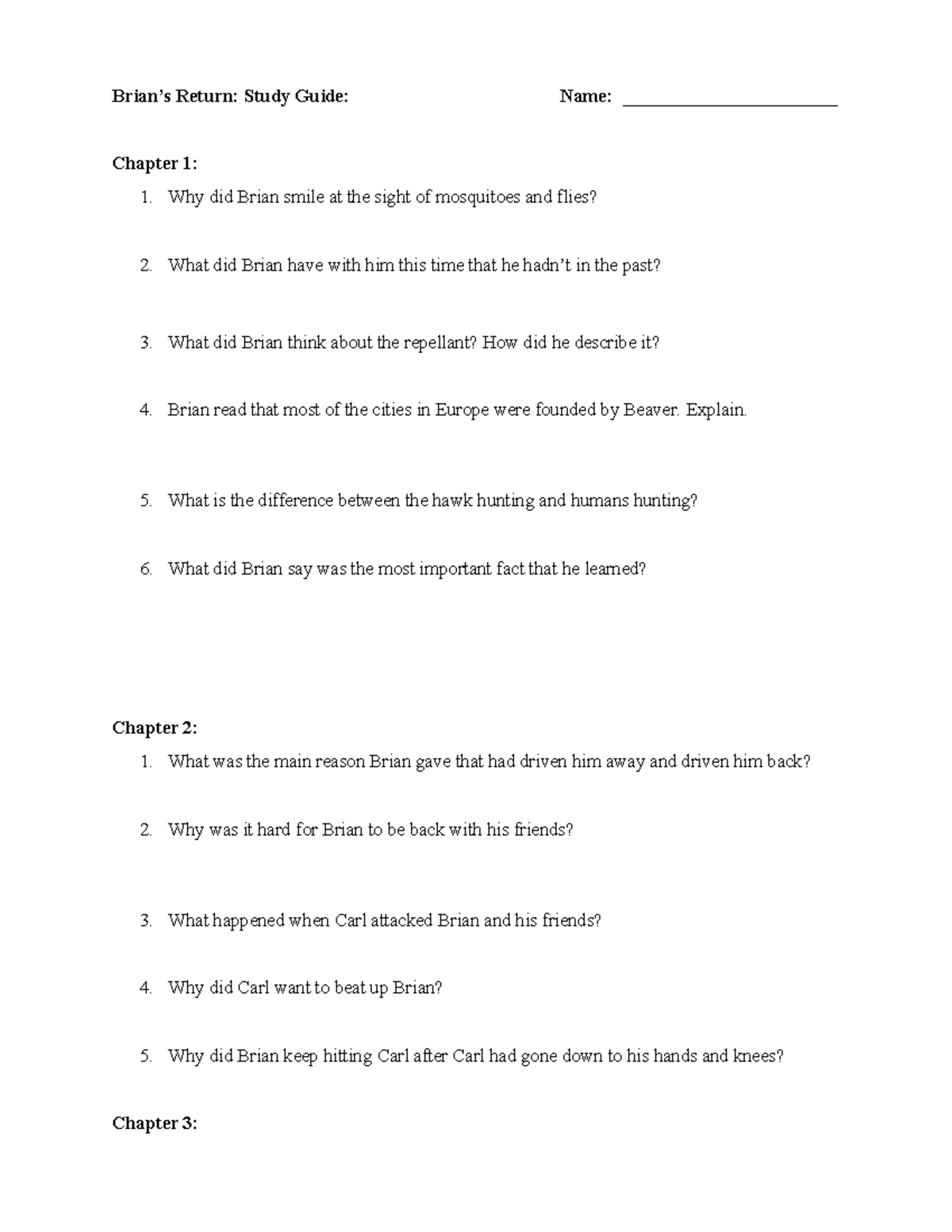 SG - Brian's Return: Comprehensive Study Guide on Gary Paulsen's Novel ...