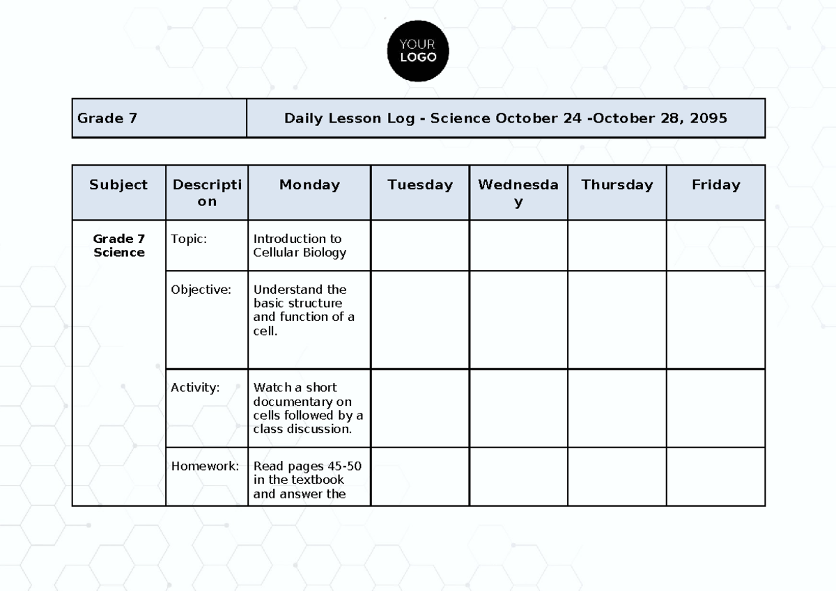 Downloadable Daily Lesson Log Template - Biological Science - Grade 7 ...