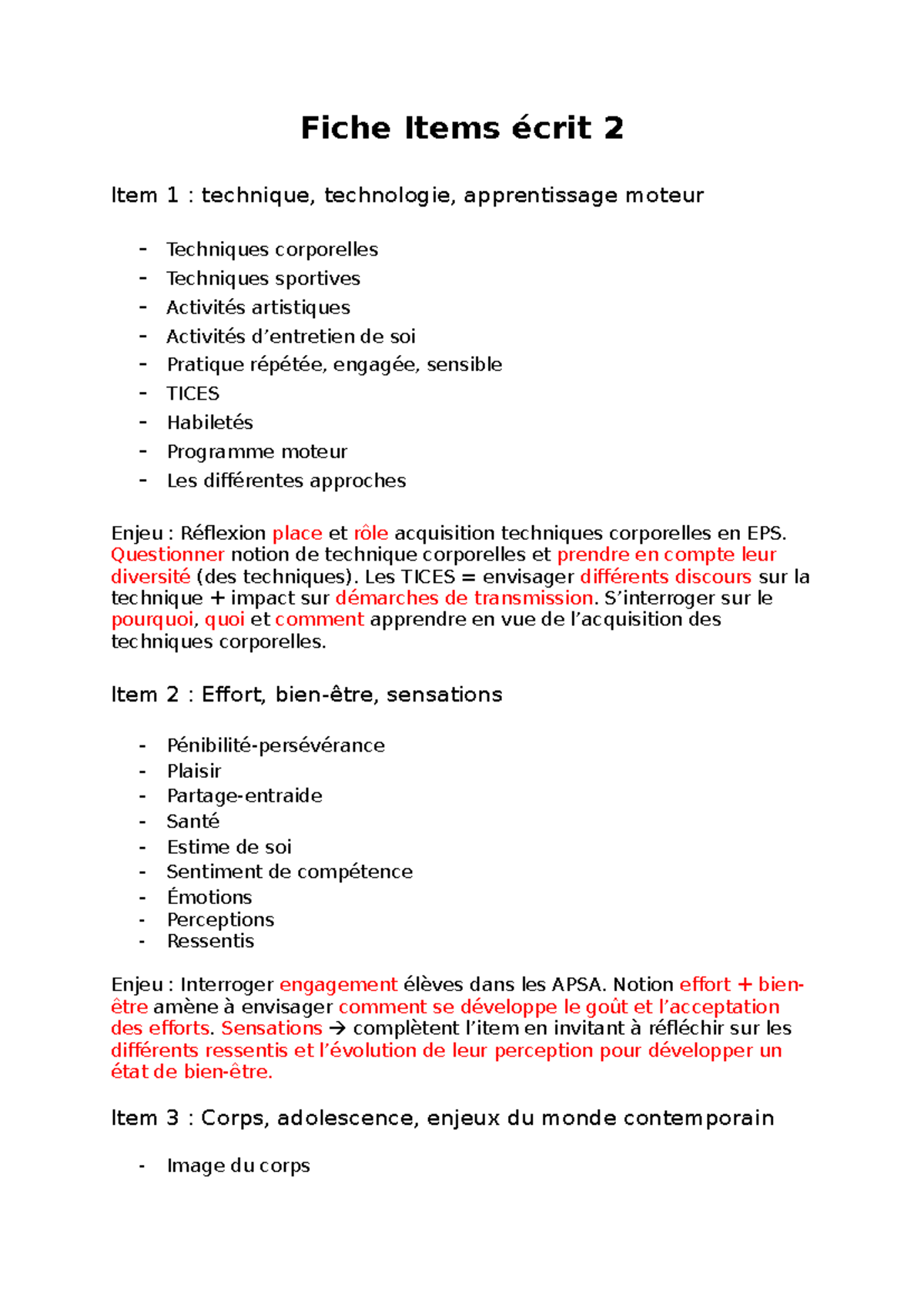 Fiche Items Écrit 2 : Techniques Corporelles et Bien-Être en EPS - Studocu