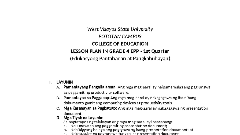 LP G4 EPP 1st Quarter Lesson Plan: Presentation Skills - Studocu