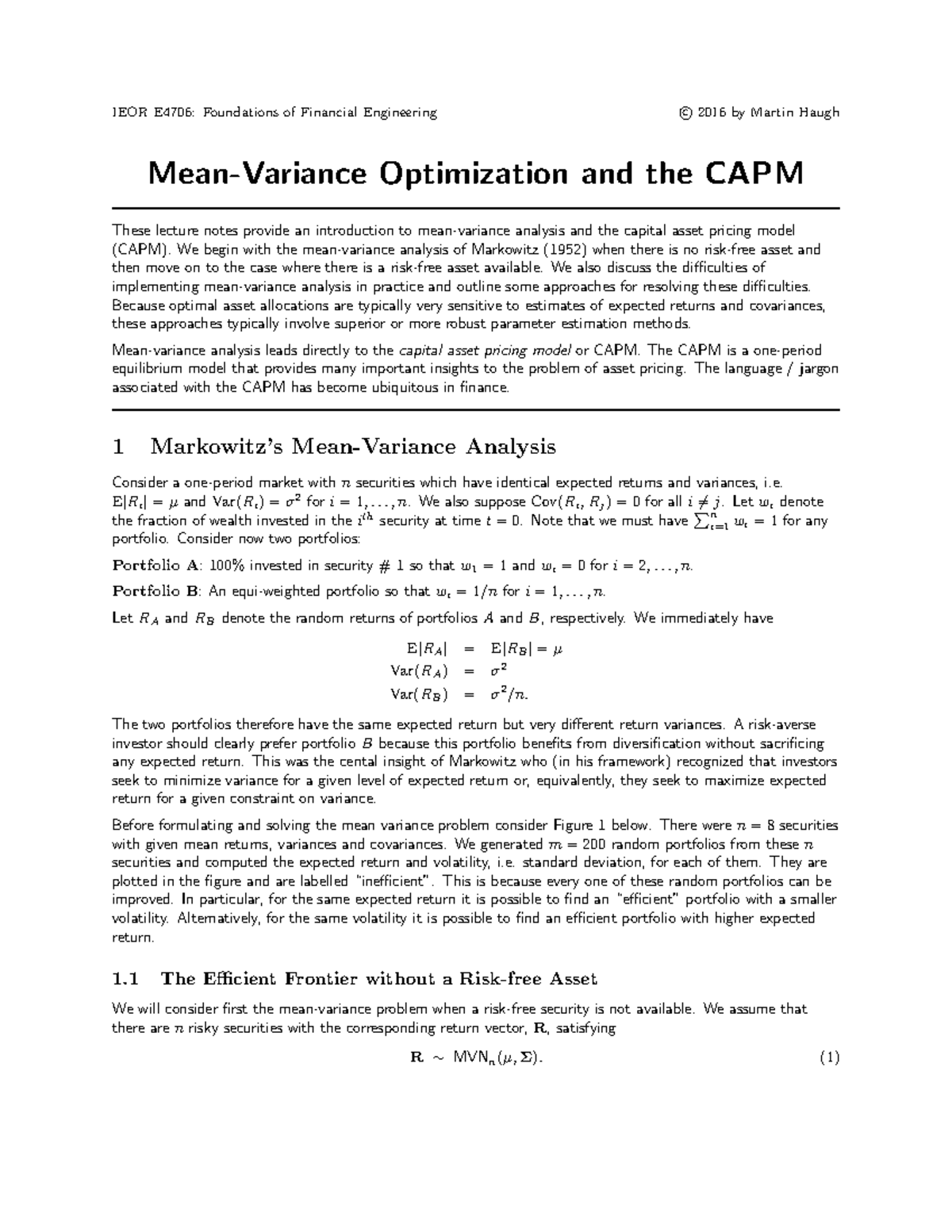 IEOR E4706: Mean-Variance Optimization & CAPM Lecture Notes - Studocu