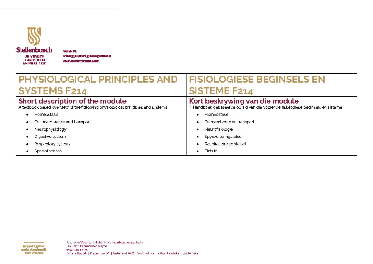 Physiology F 214 Module Framework Overview for 2024 - Studocu