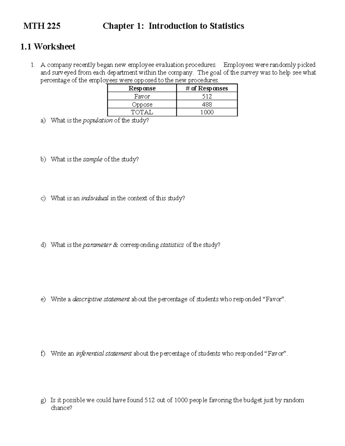 1.1 Worksheet - study - MTH 225 Chapter 1: Introduction to Statistics 1 ...