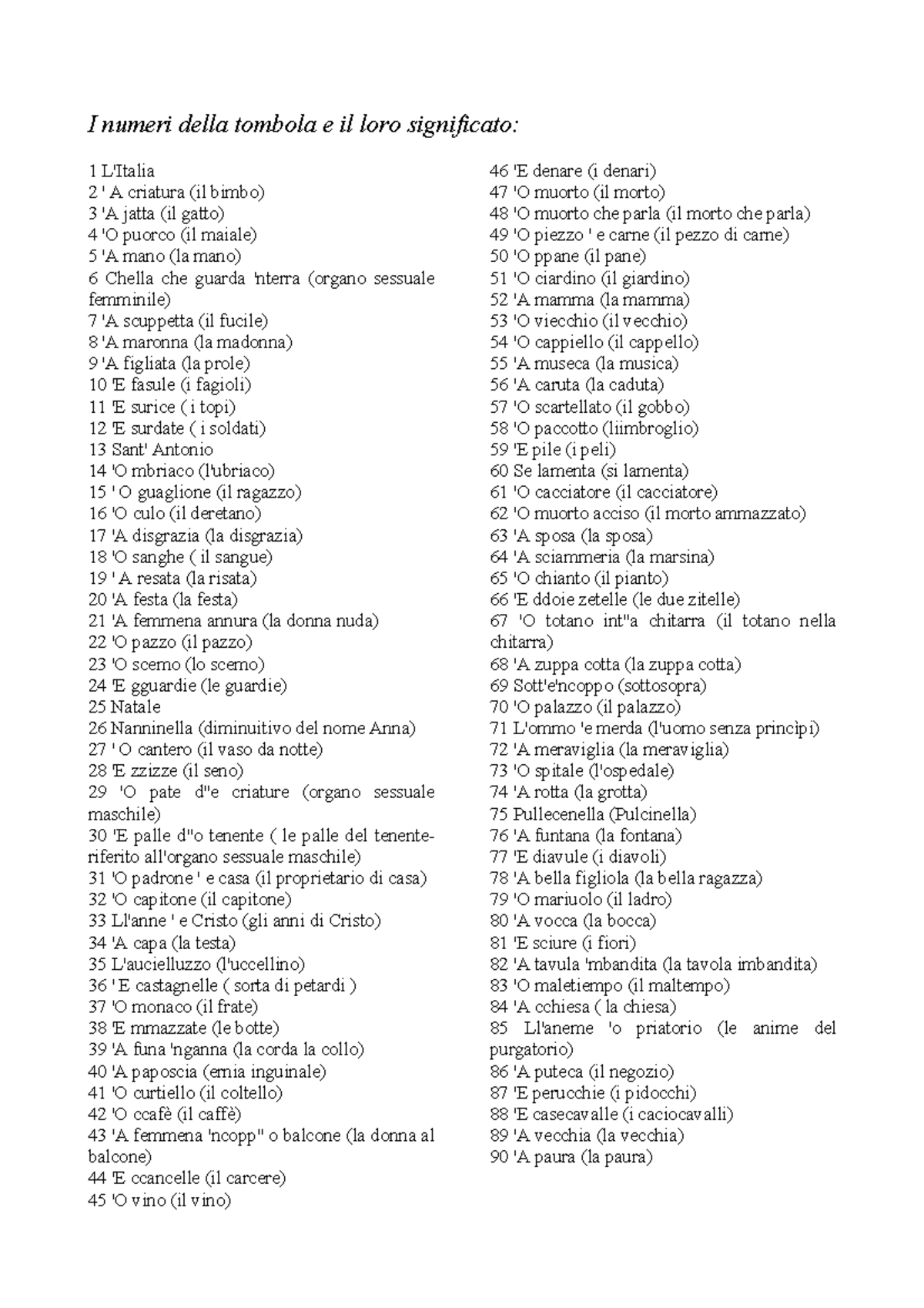 Numeri della Tombola e il Loro Significato: 2.3 Document - Studocu