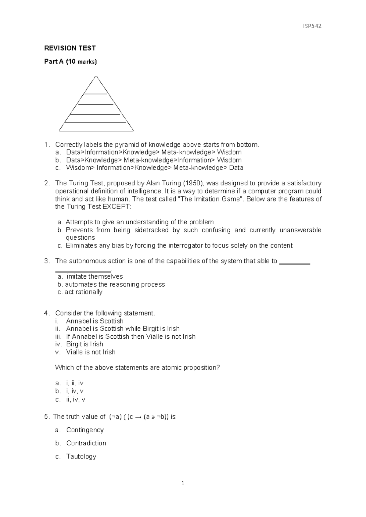 ISP542 REVISION TEST Part A - Knowledge and Reasoning Concepts - Studocu