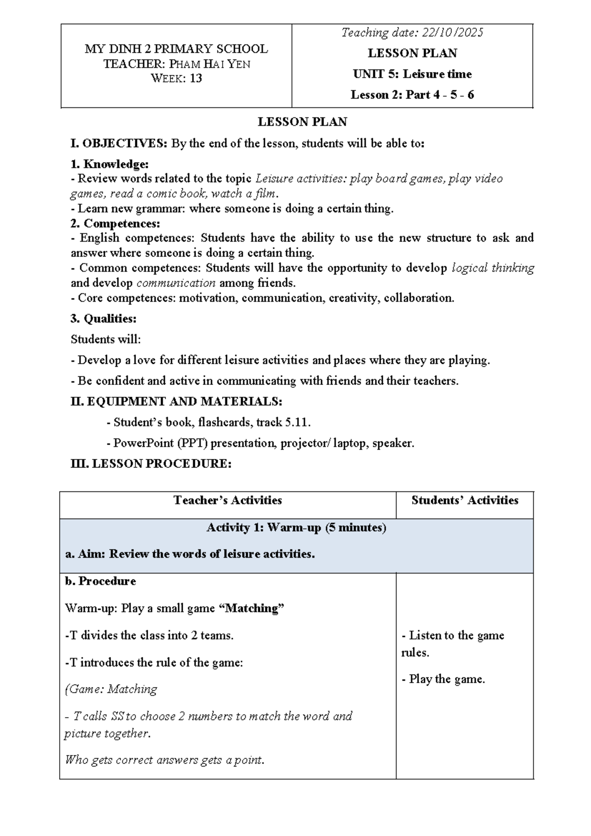 Unit 5 Lesson Plan: Leisure Time Activities (Week 13) - Studocu