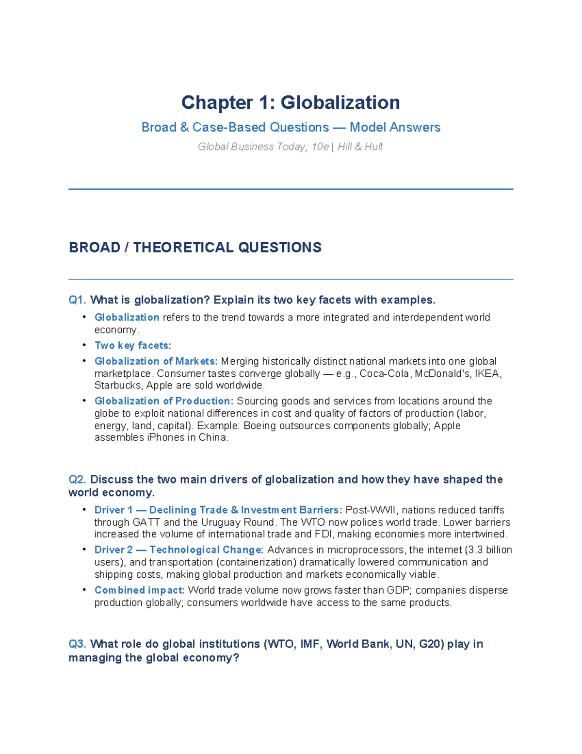 Chapter 1: Globalization Model Answers - Global Business Today, 10e ...