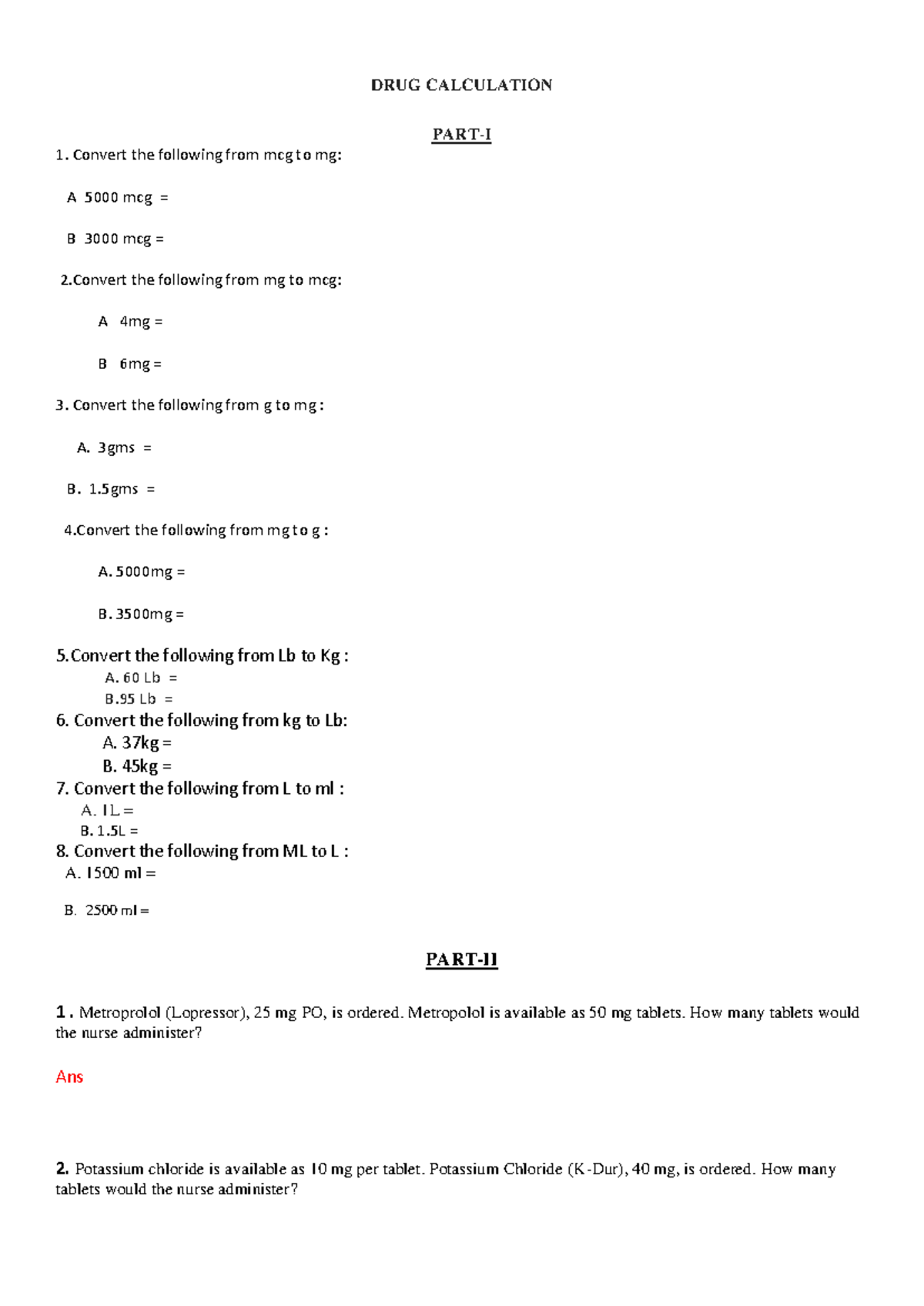 Drug Calculation Worksheet for Nursing (NUR 101) - Studocu