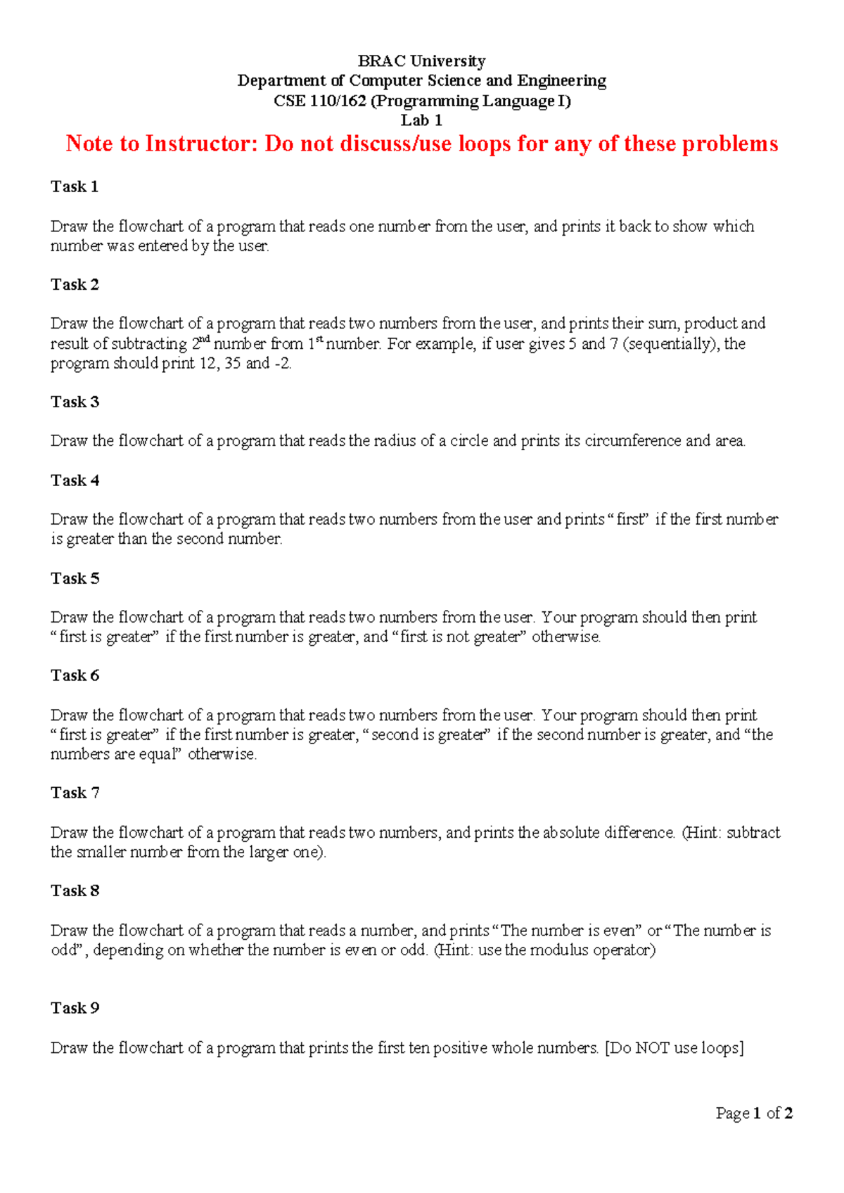 CSE110 Lab 1: Flowchart Exercises for Programming Language I - Studocu