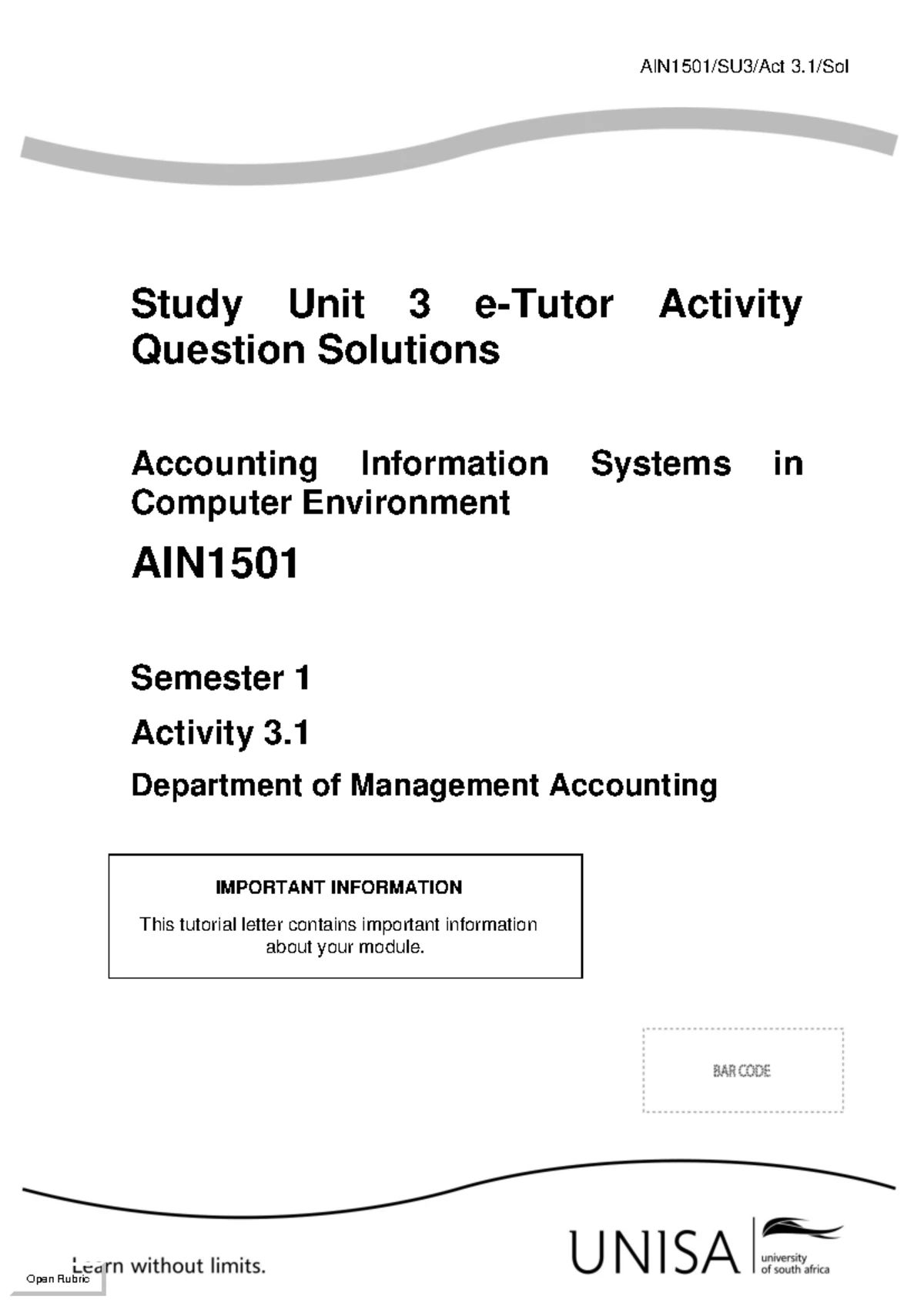 E-Tutor Activity 5.1 Solution - AIN 1501 /SU 5 /Act5/Sol Study Unit 5 e-Tutor Activity Question ...