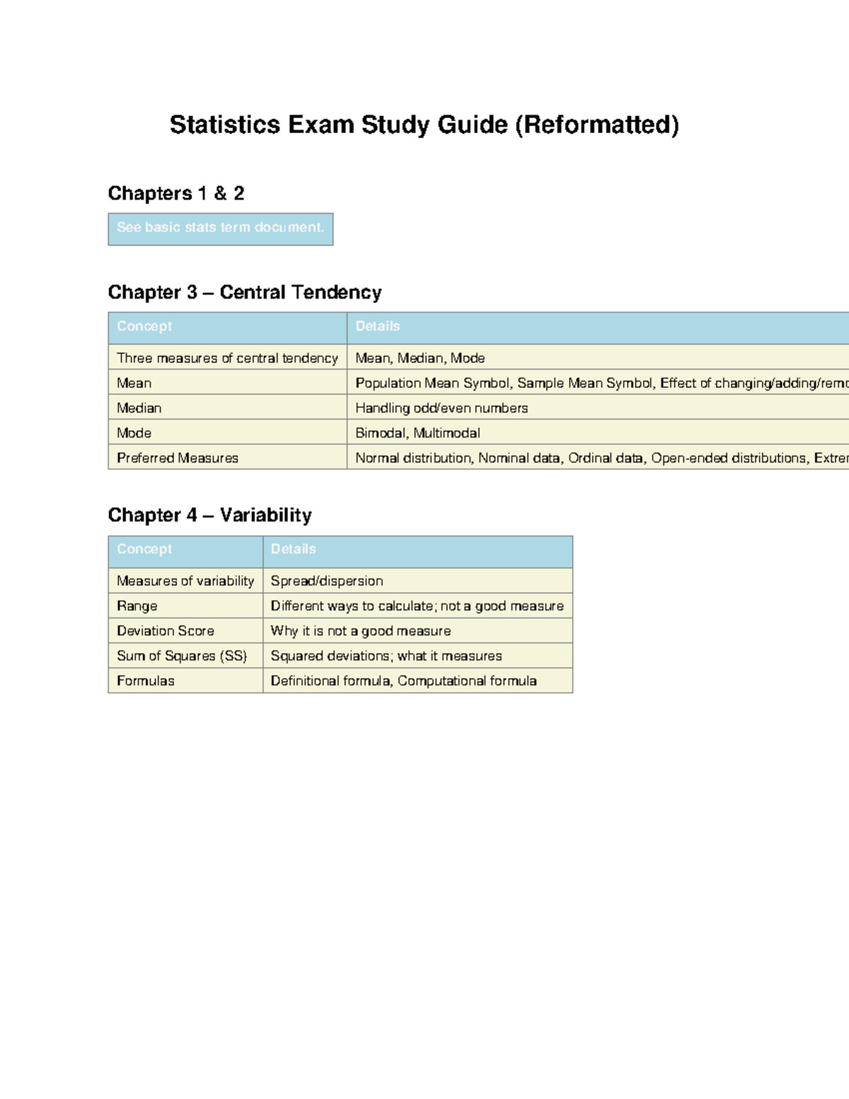 Study guide reformatted - Statistics Exam Study Guide (Reformatted ...