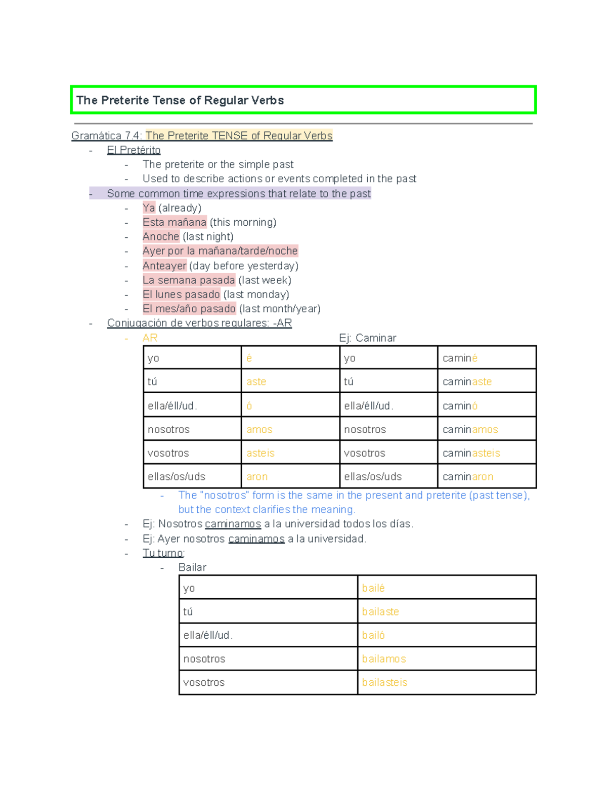 Gramática 7.4 The Preterite Tense of Regular Verbs - The Preterite ...