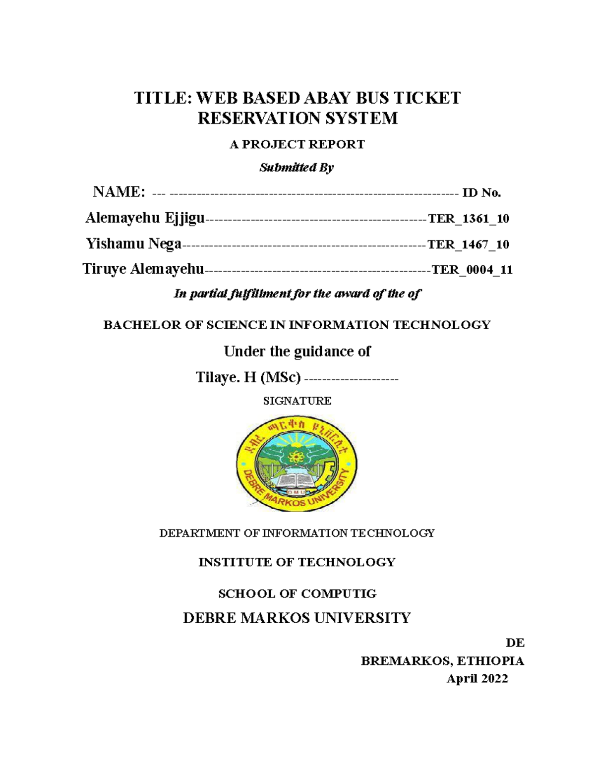 Web-Based Abay Bus Ticket Reservation System Documentation - Final ...