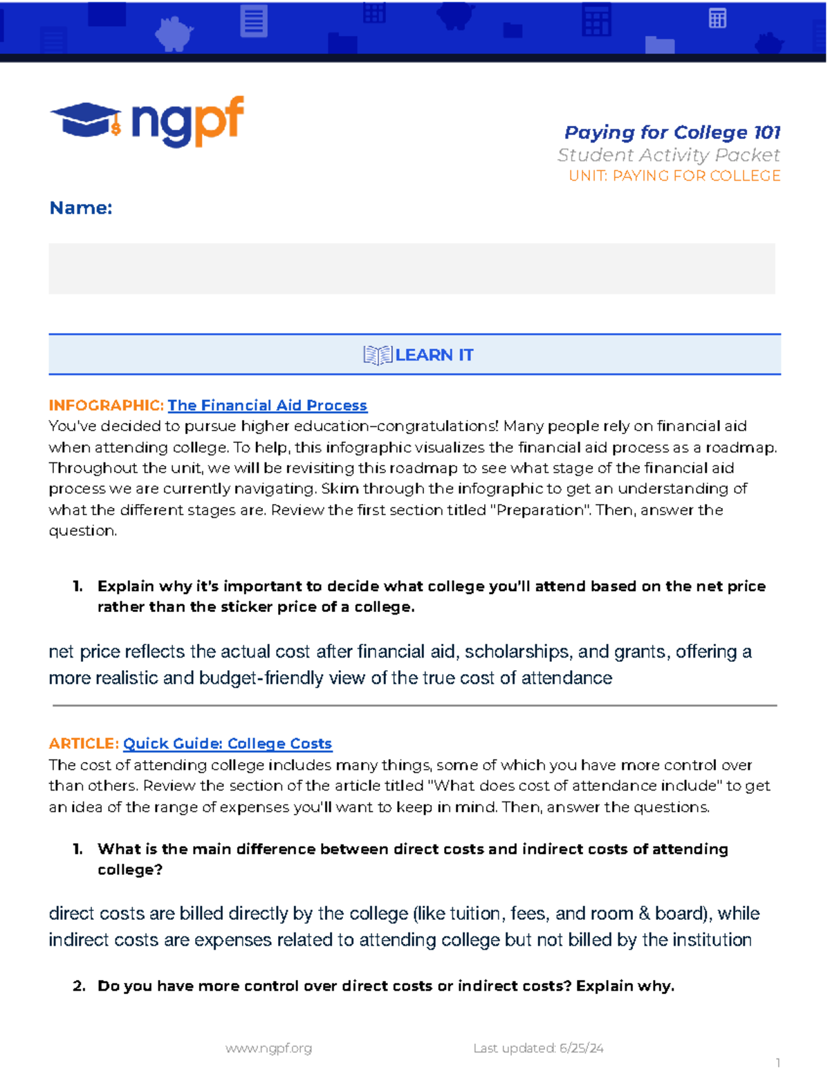 Paying for college 101: Student activity packet and infographic guide ...