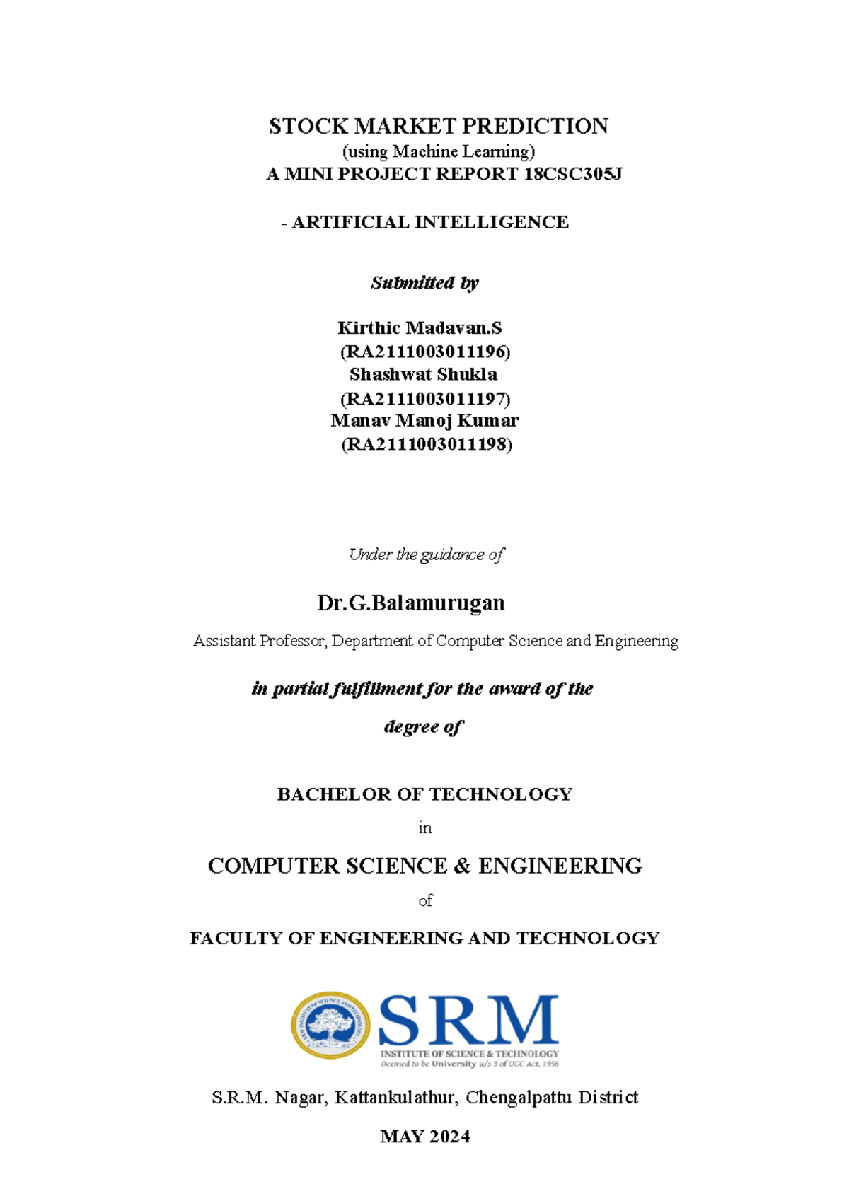 Stock Market Prediction Mini Project Report - 18CSC305J - Studocu