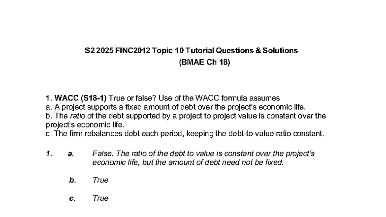 S2 2025 FINC2012 Topic 10 Tutorial Questions & Solutions - Studocu