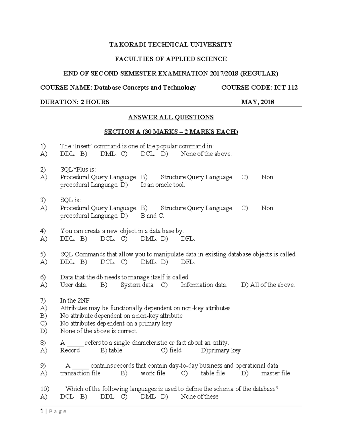 ICT 112 Database Concepts and Technology Past Exam Questions - Studocu