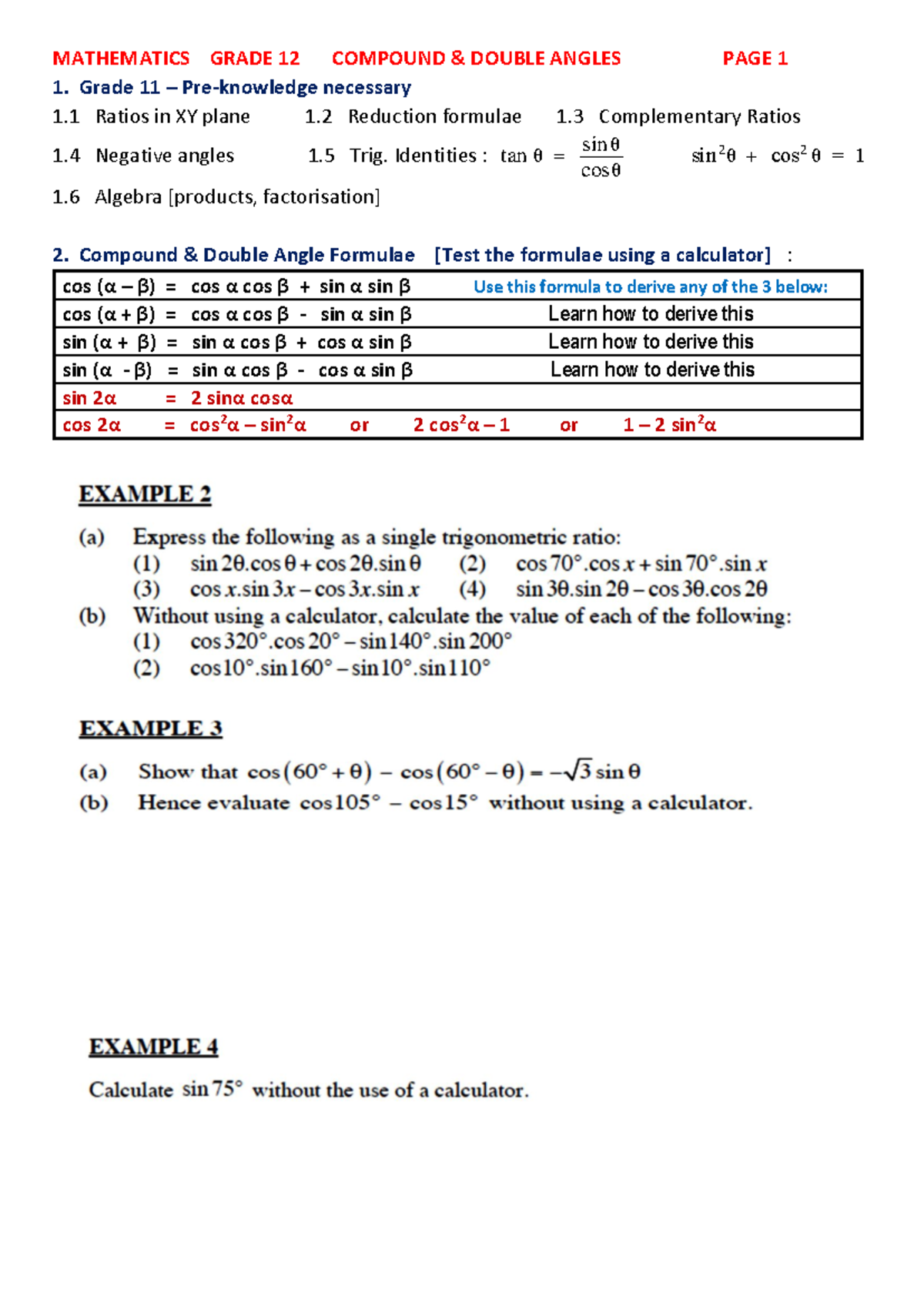MATH 12 Compound & Double Angles Study Notes - Studocu