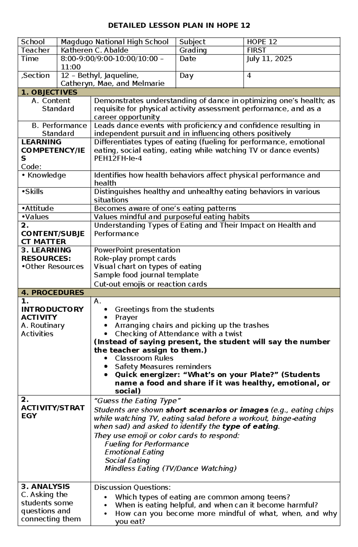 DETAILED LESSON PLAN FOR HOPE 12: EATING BEHAVIORS & HEALTH - Studocu