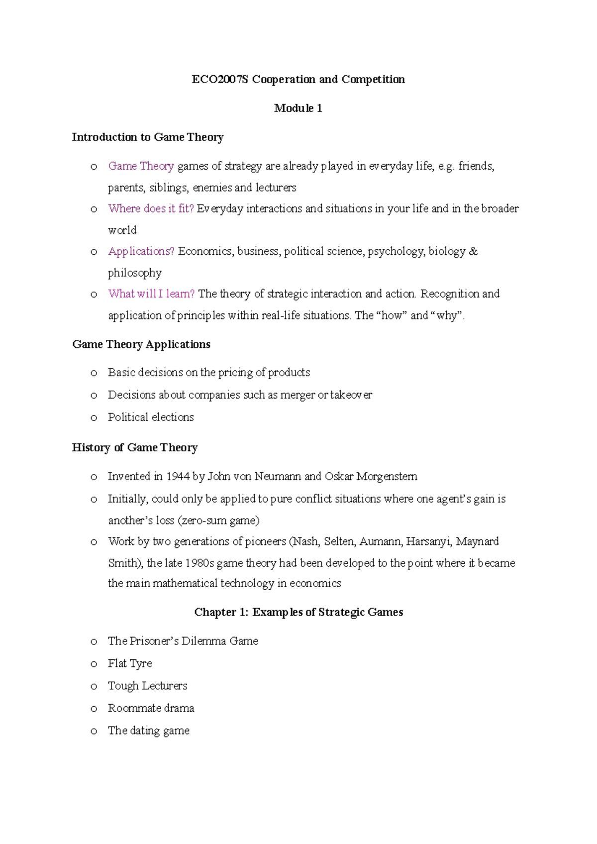 ECO2007S Module 1 - Introduction to Game Theory Lecture Notes - Studocu