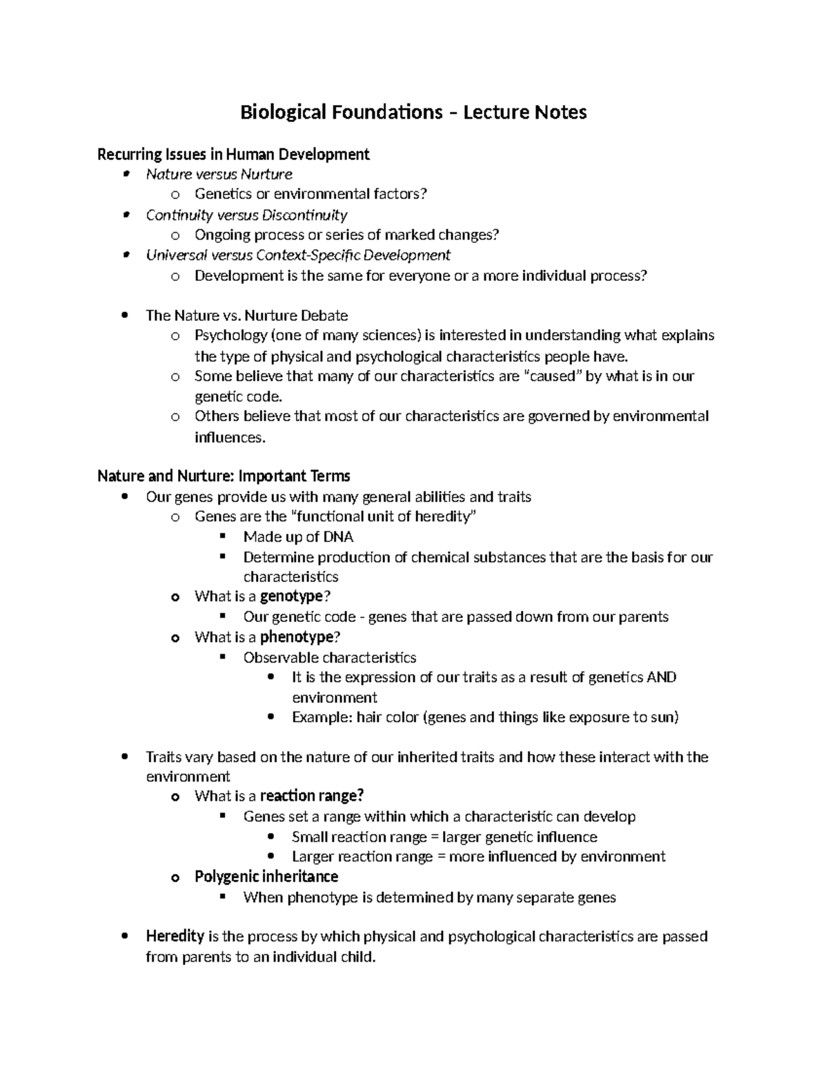 Biological Foundations Lecture Notes: Nature vs. Nurture Insights - Studocu
