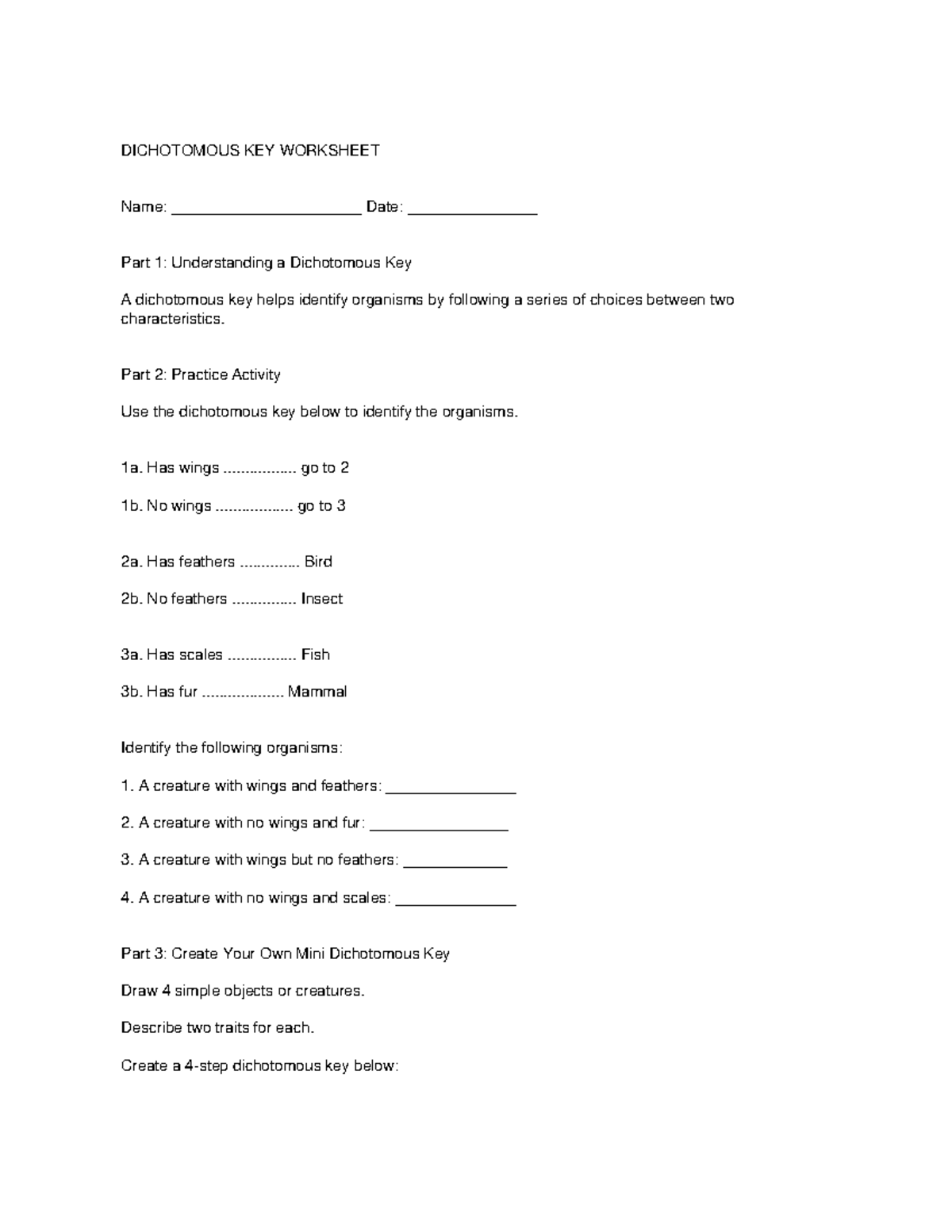 Dichotomous Key Worksheet: Identifying Organisms and Traits - Studocu