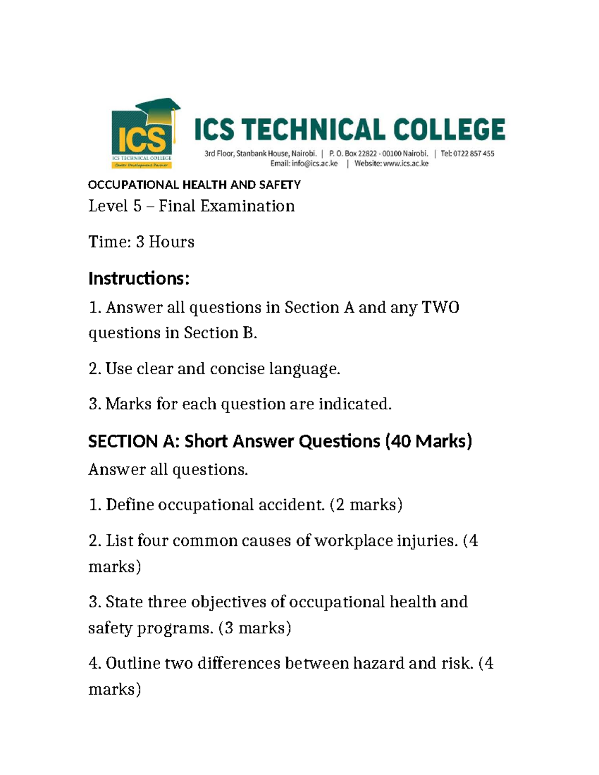 OHS Level 5 Final Exam: Occupational Health & Safety Insights - Studocu