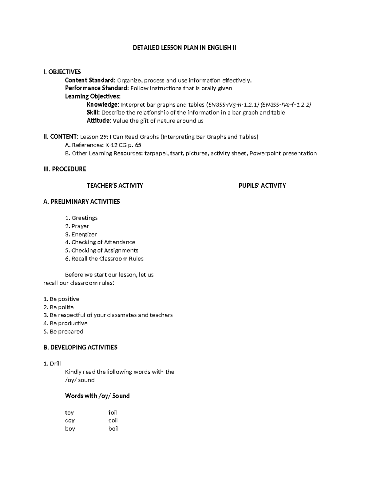 DLP English II: Detailed Lesson Plan on Interpreting Graphs and Tables ...