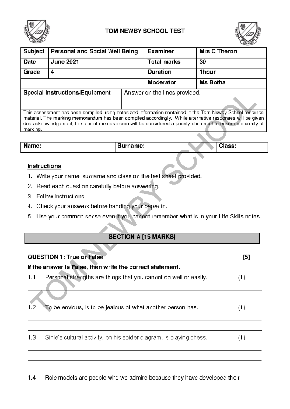 Grade 4 Life Skills June 2021 Exam - Personal & Social Well Being - Studocu