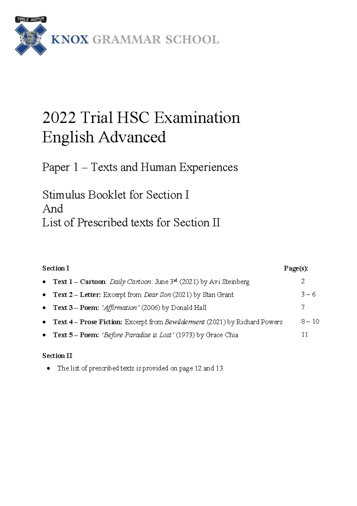 KNOX 2022 Trial HSC English Adv Paper 1 Stimulus Booklet - Studocu