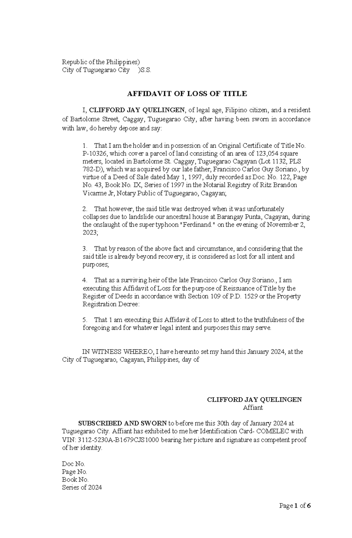 Affidavit of Loss of Title for TCT No. 032-202003493 in Tuguegarao City ...