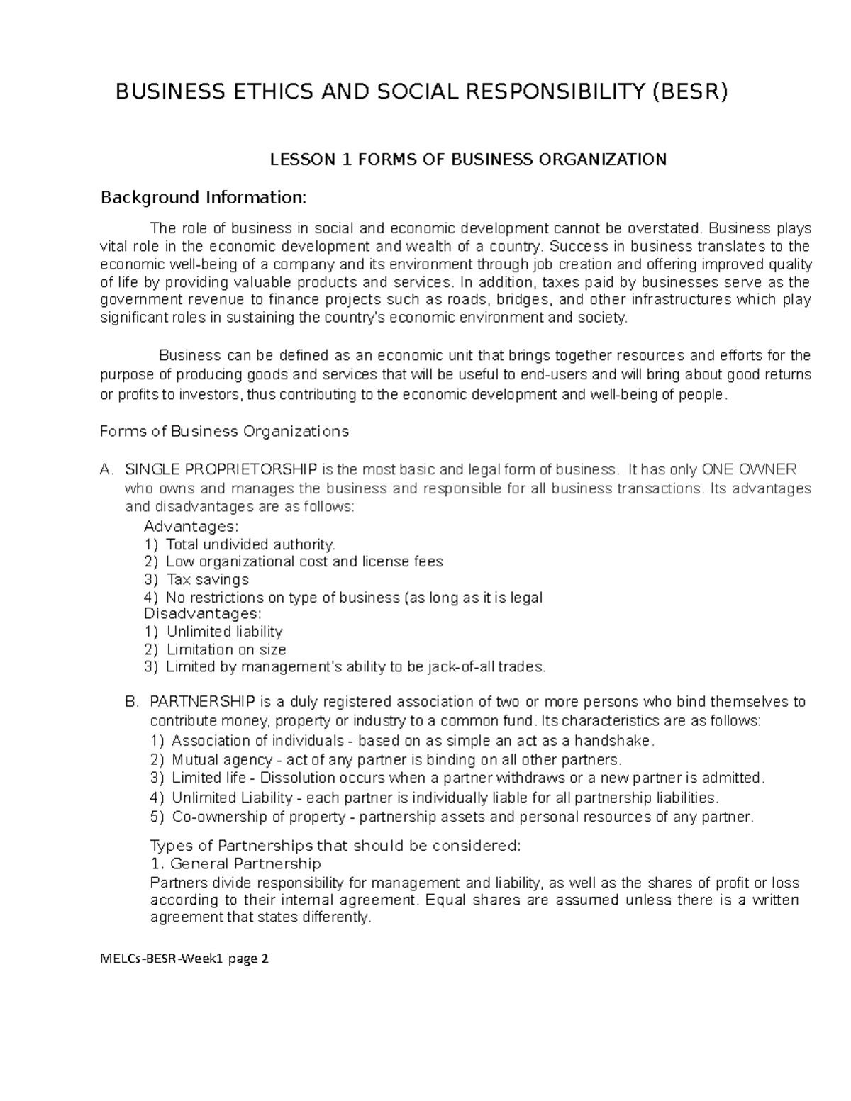 ABM Business Ethics & Social Responsibility Q1 Lesson 1 Overview - Studocu