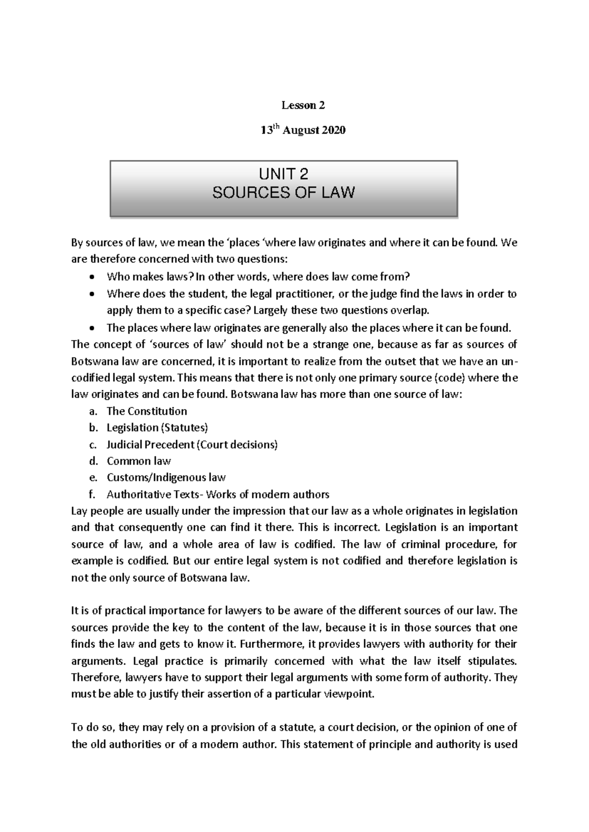 Sources of Law: Lesson 2 - UNIT 2 Overview and Key Concepts - Studocu