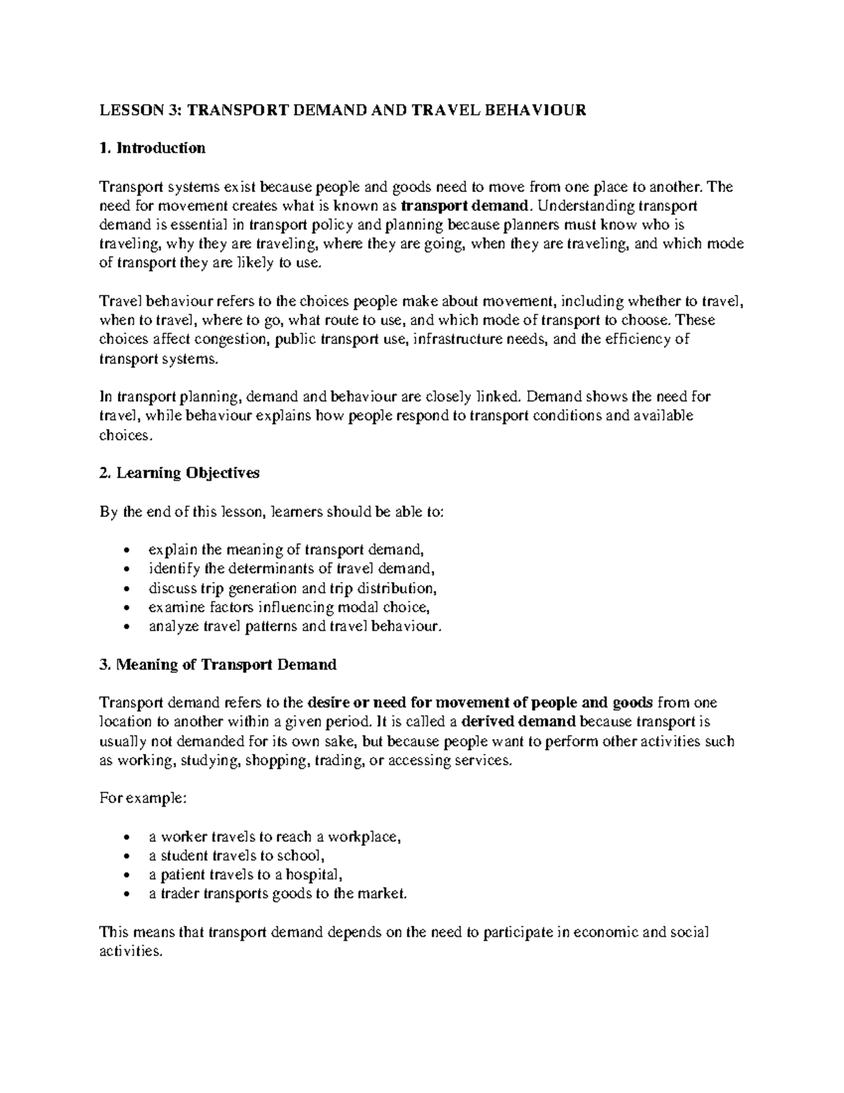 Lesson 3: Transport Demand & Travel Behaviour Overview - Studocu