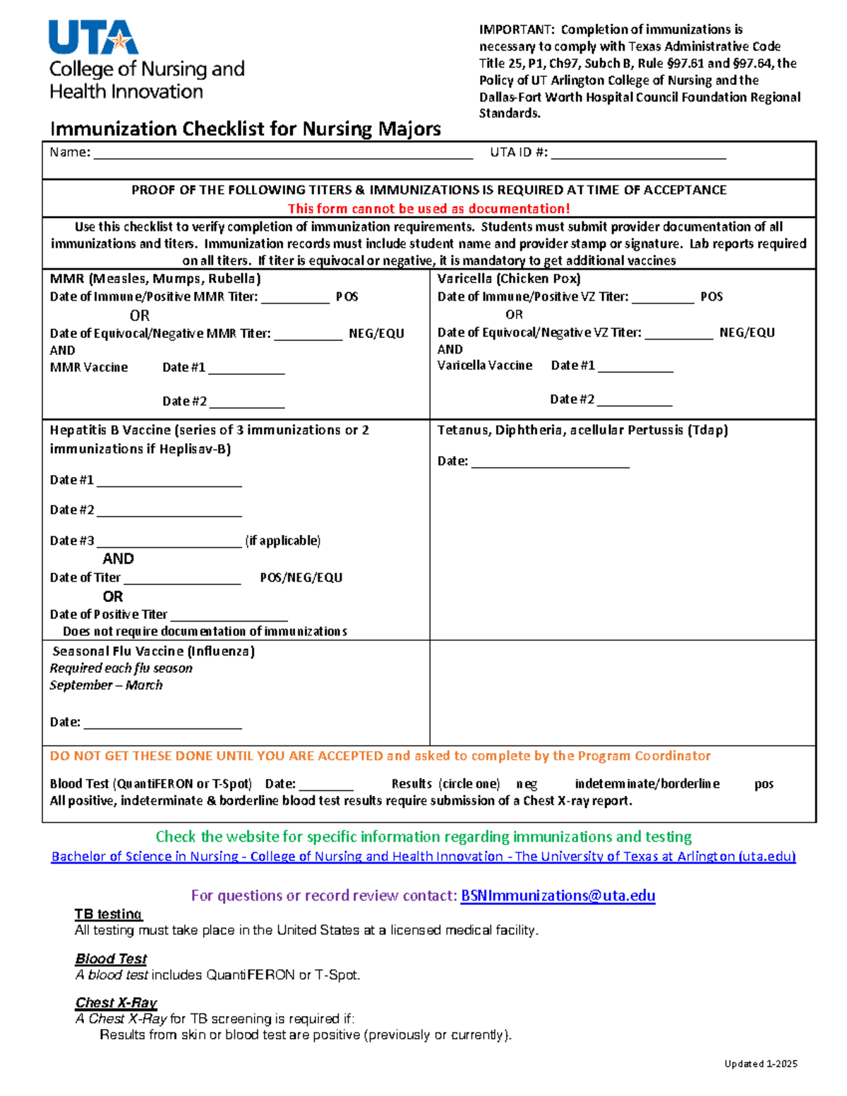 Immunization Checklist for Nursing Majors - UTA Pre-Licensure Program ...