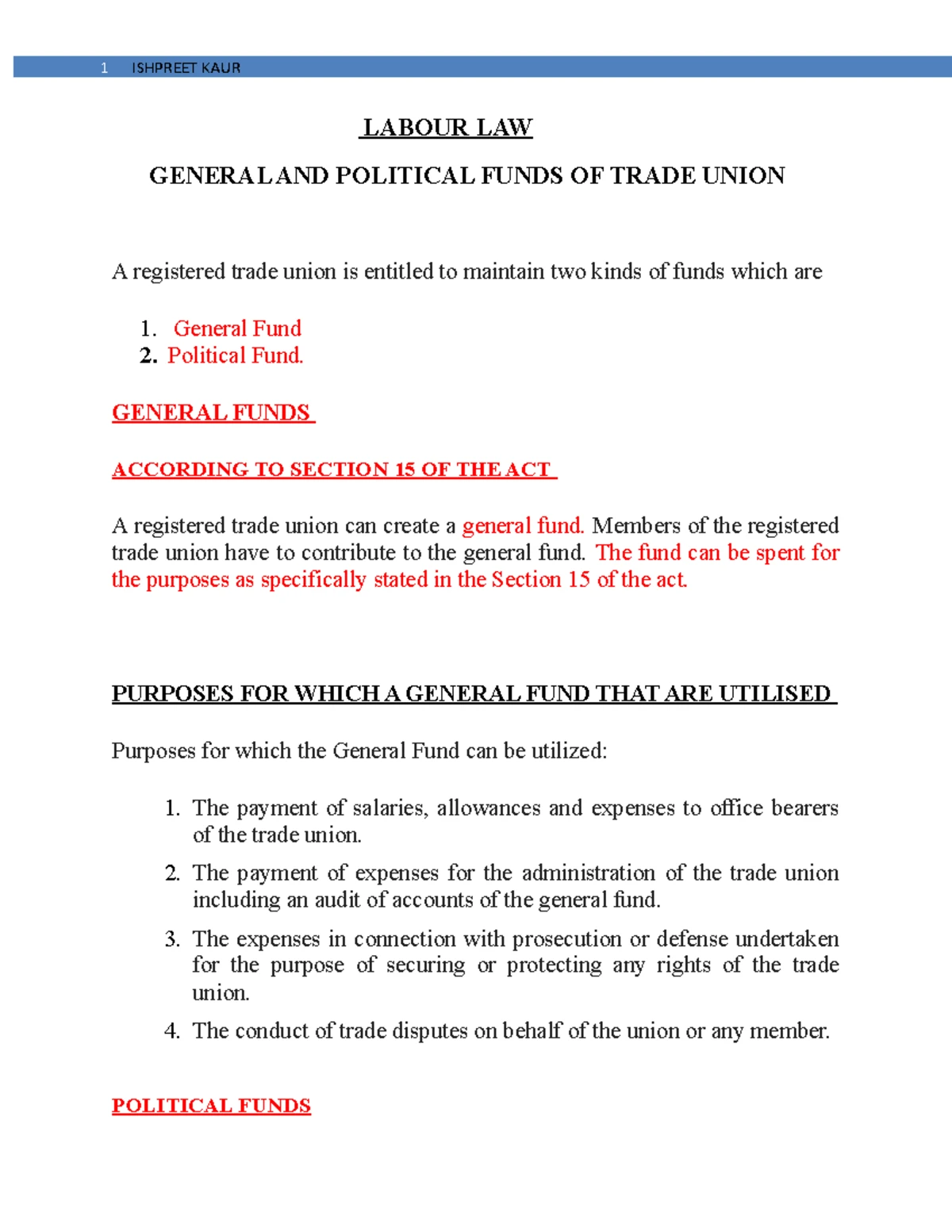 Funds OF Trade Union - LABOUR LAW GENERAL AND POLITICAL FUNDS OF TRADE ...