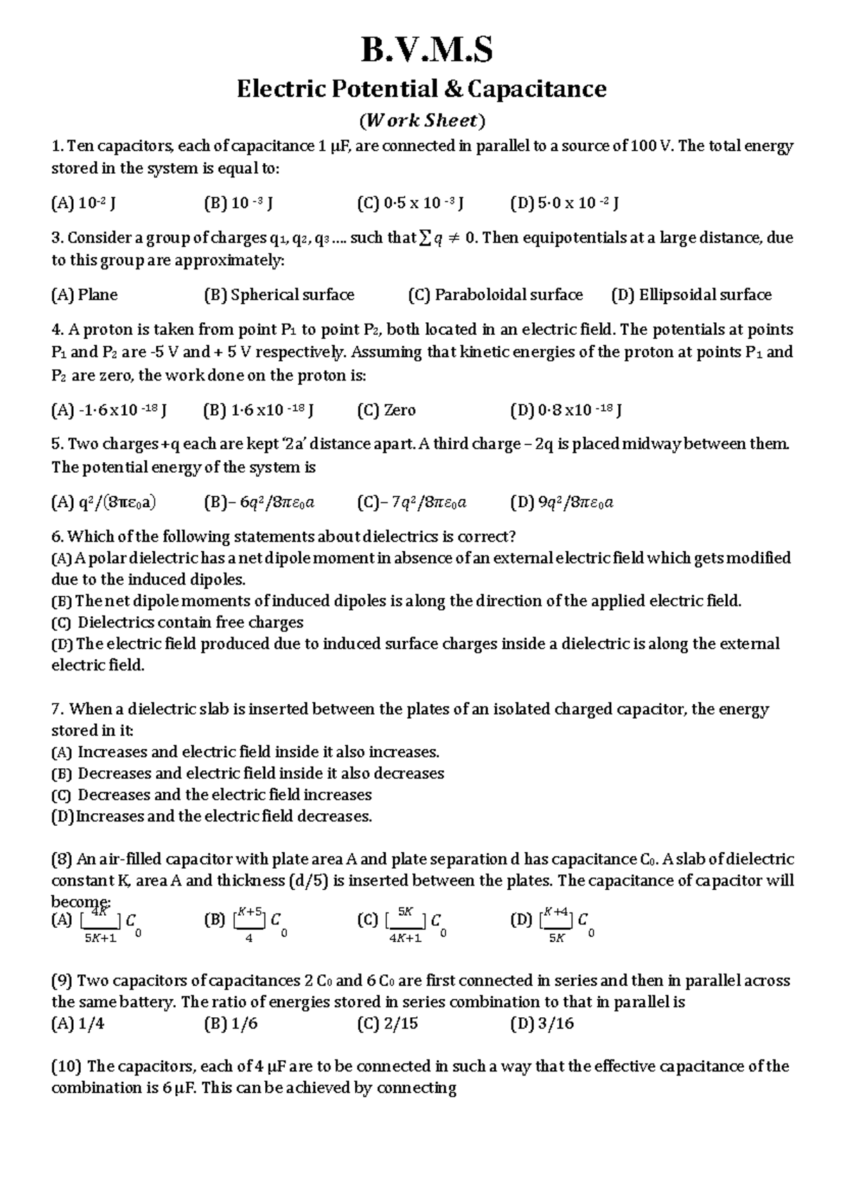 Electric Potential and Capacitance (B.V.M.S) - Comprehensive Study ...