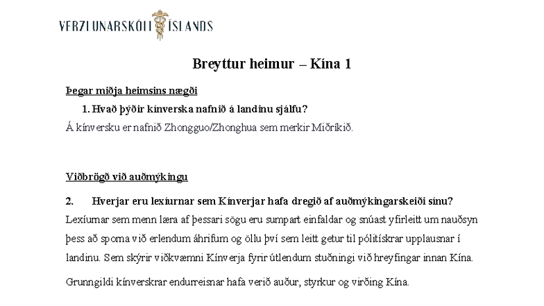 Breyttur heimur Kína 1: Spurningar um Alþjóðafræði V25 - Studocu