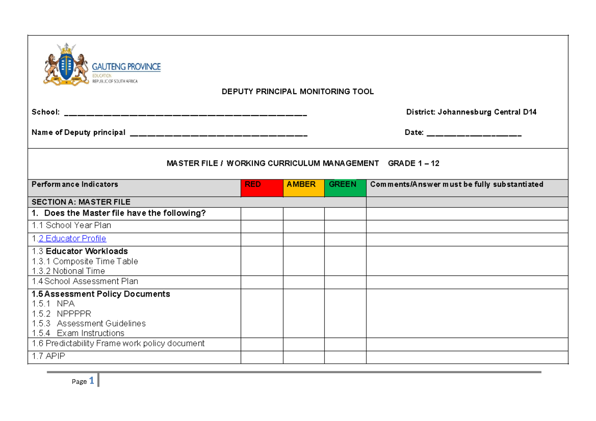 Deputy Principal Monitoring Tool for Curriculum Management Assessment ...