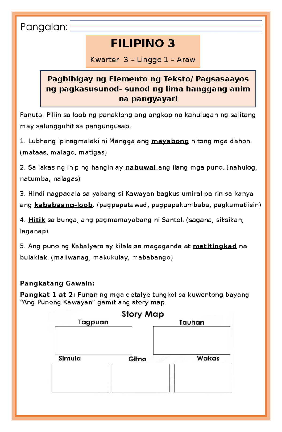 FILIPINO 3 Kwarter 3 Linggo 1 Worksheet sa Pagsusuri ng Kuwento - Studocu