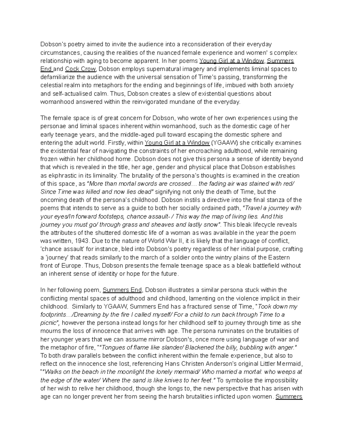 Dobson's Exploration of Female Experience in Poetry (ENG 202) - Studocu