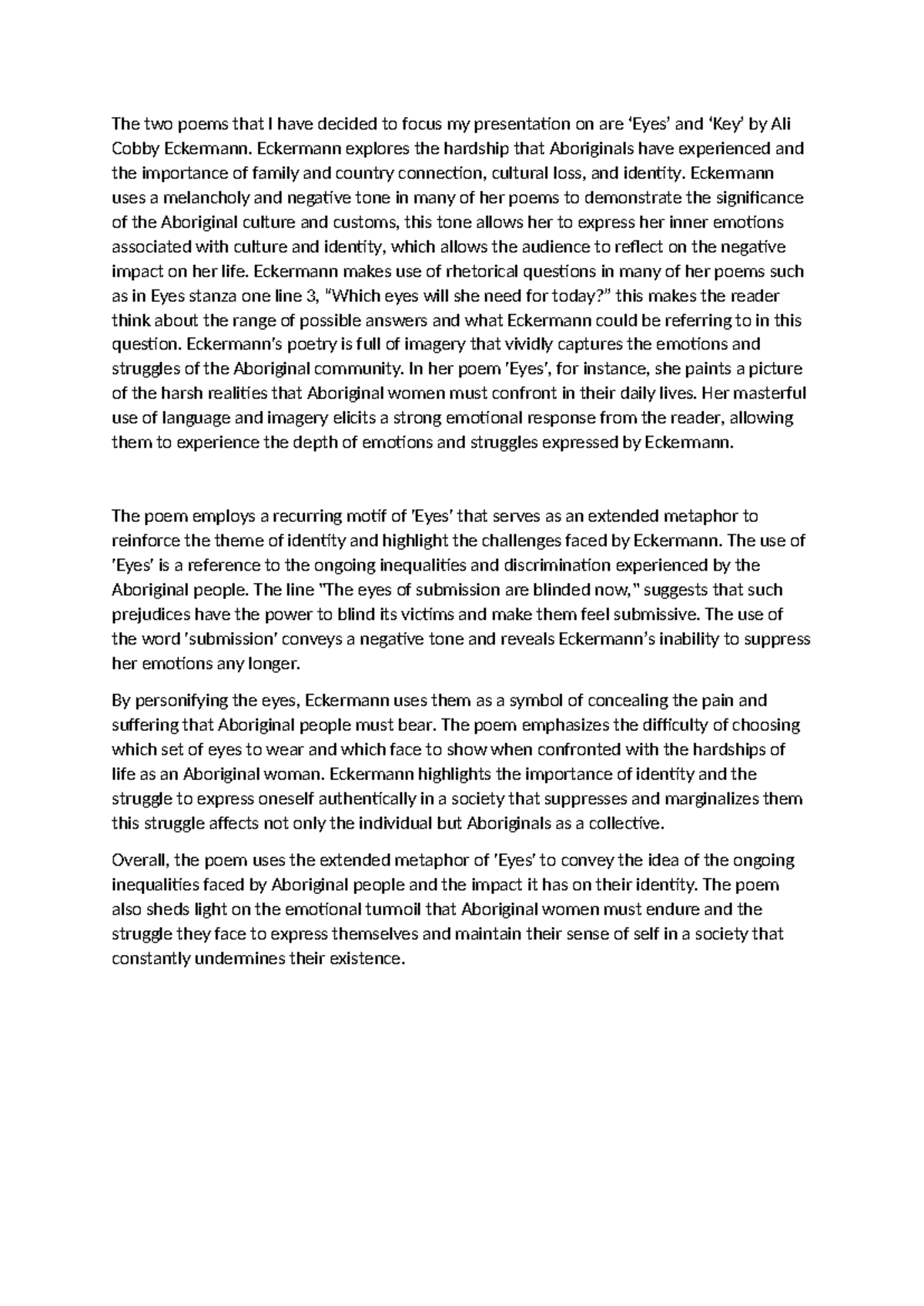 Analysis of 'Eyes' and 'Key' Poems by Ali Cobby Eckermann - Studocu
