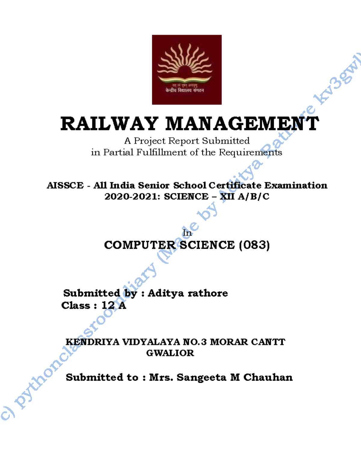 Railway Management Project Report for Computer Science (083) - AISSCE - Studocu