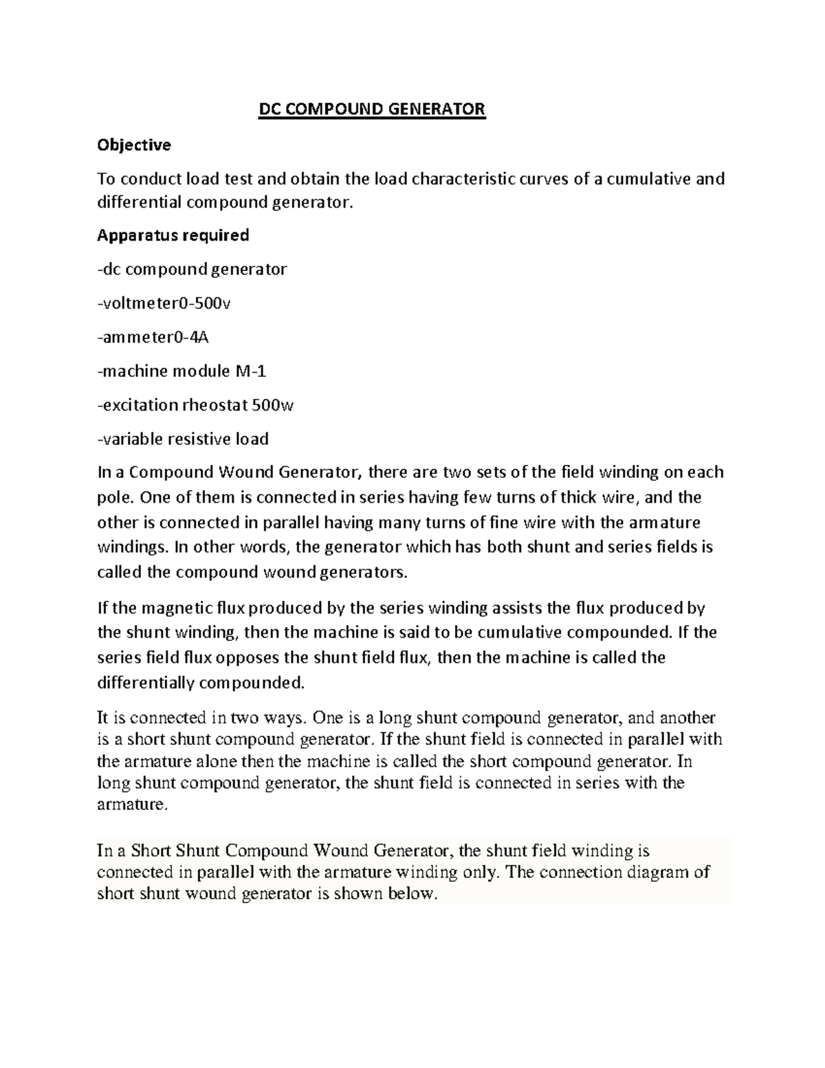 Load Test of DC Compound Generator: Characteristics & Procedure - Studocu