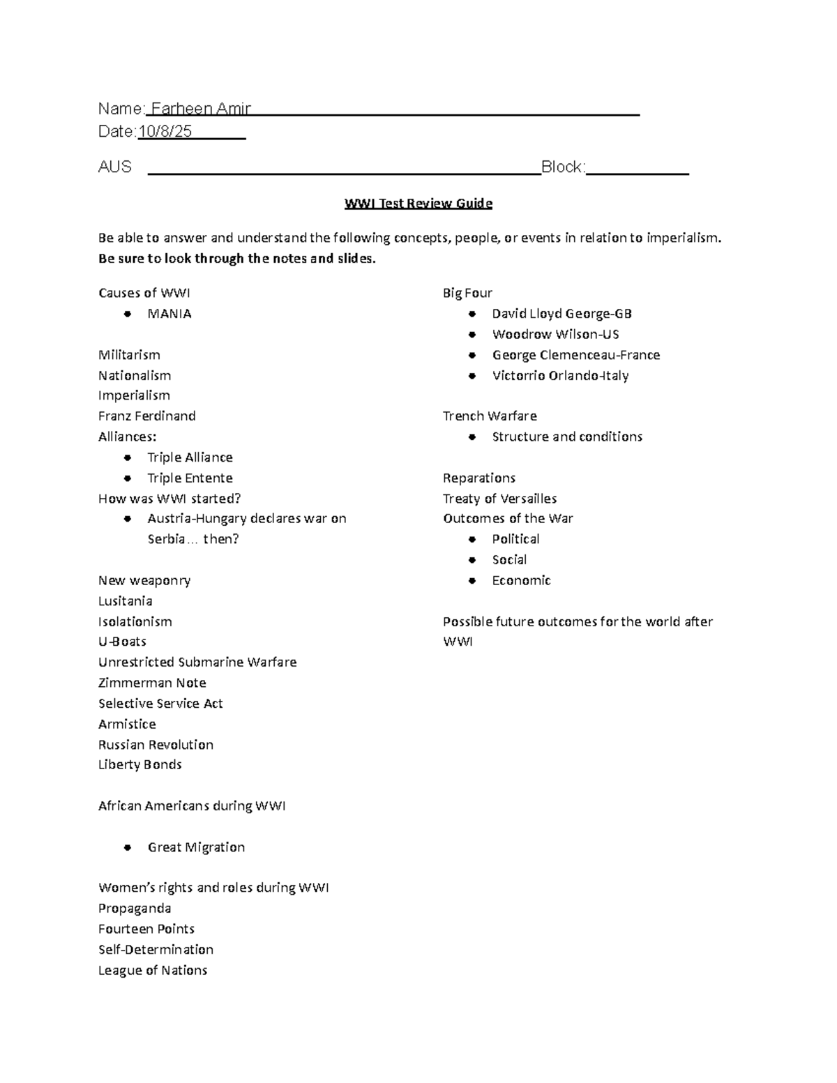 WWI Test Review Guide: Key Concepts & Outcomes for History 101 - Studocu