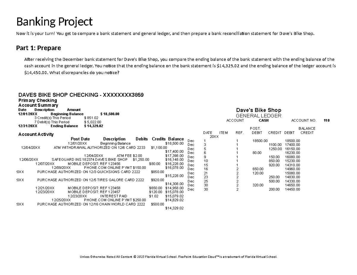 Banking Project 5 - Full Assignment: Bank Reconciliation for Dave's Bike Shop - Studocu