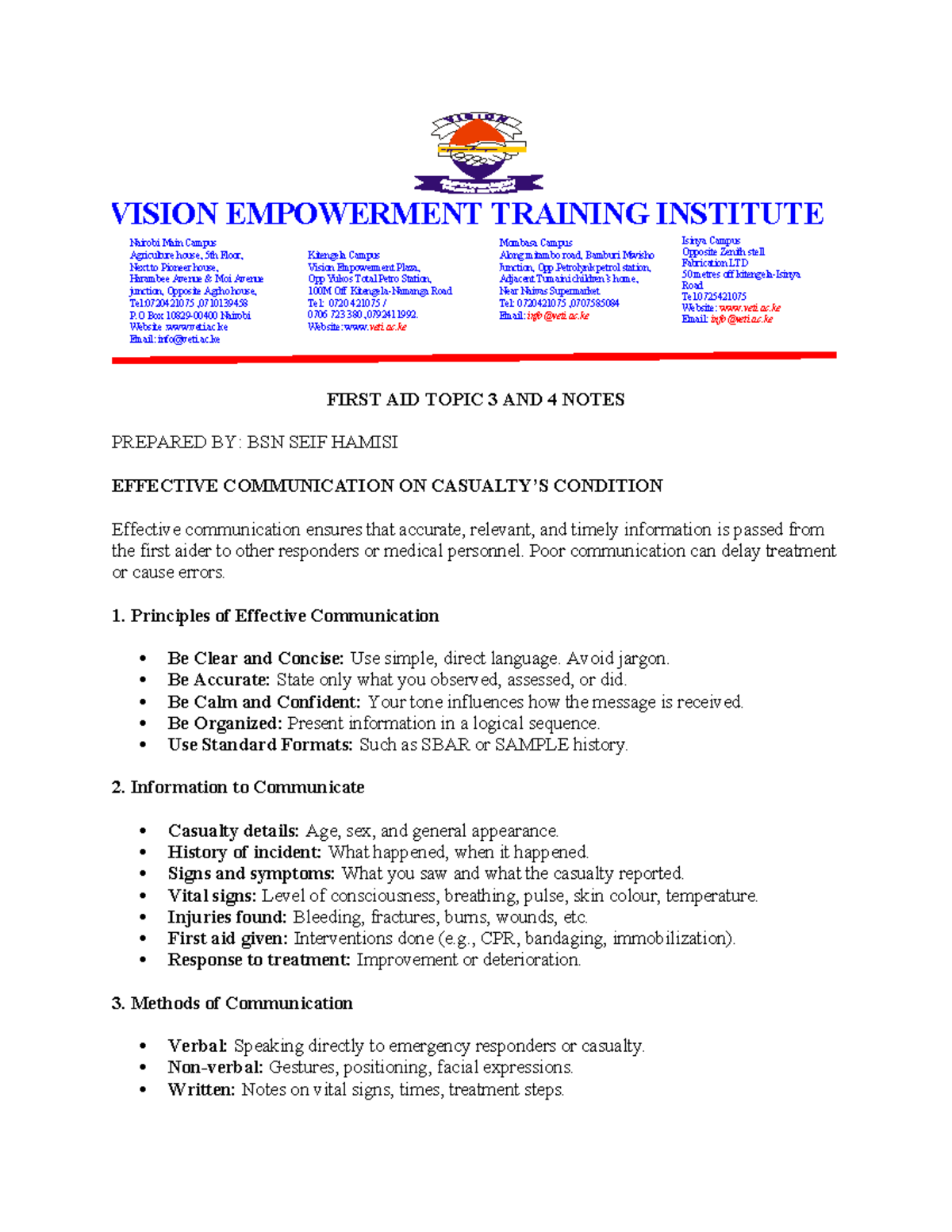 First Aid Topic 3 & 4 Notes - Effective Communication & Handover - Studocu