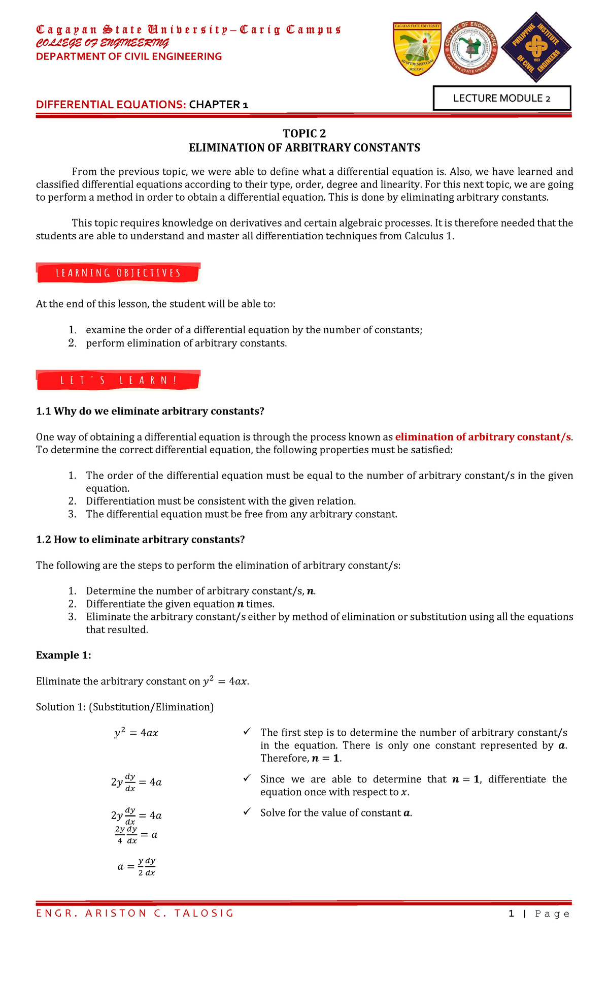 Differential Equations: Elimination of Arbitrary Constants - Module 2 - Studocu