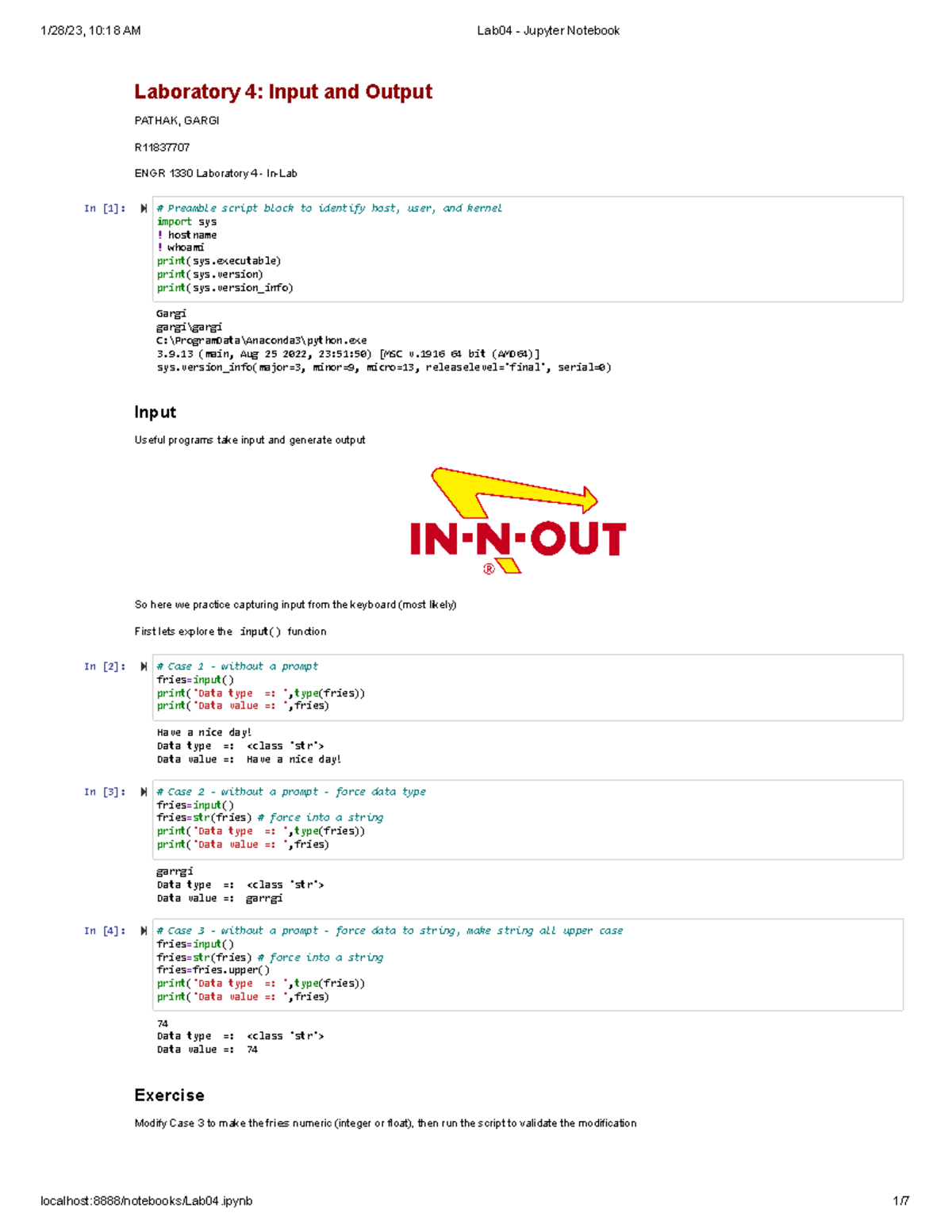 Lab04 Jupyter Notebook Laboratory 4 Input And Output Pathak Gargi R Engr 1330 Laboratory 4