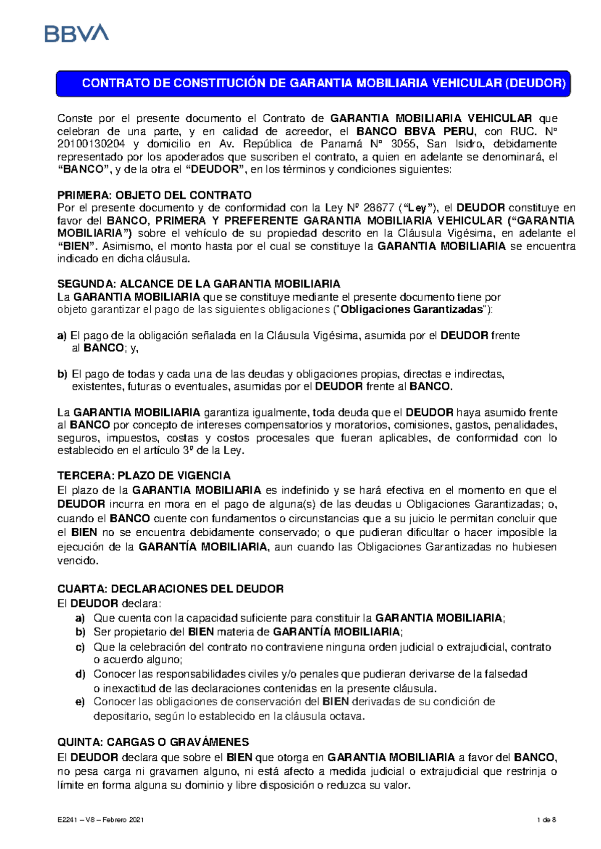 Contrato de Garantía Mobiliaria Vehicular (Deudor) E2241 V8 - Studocu